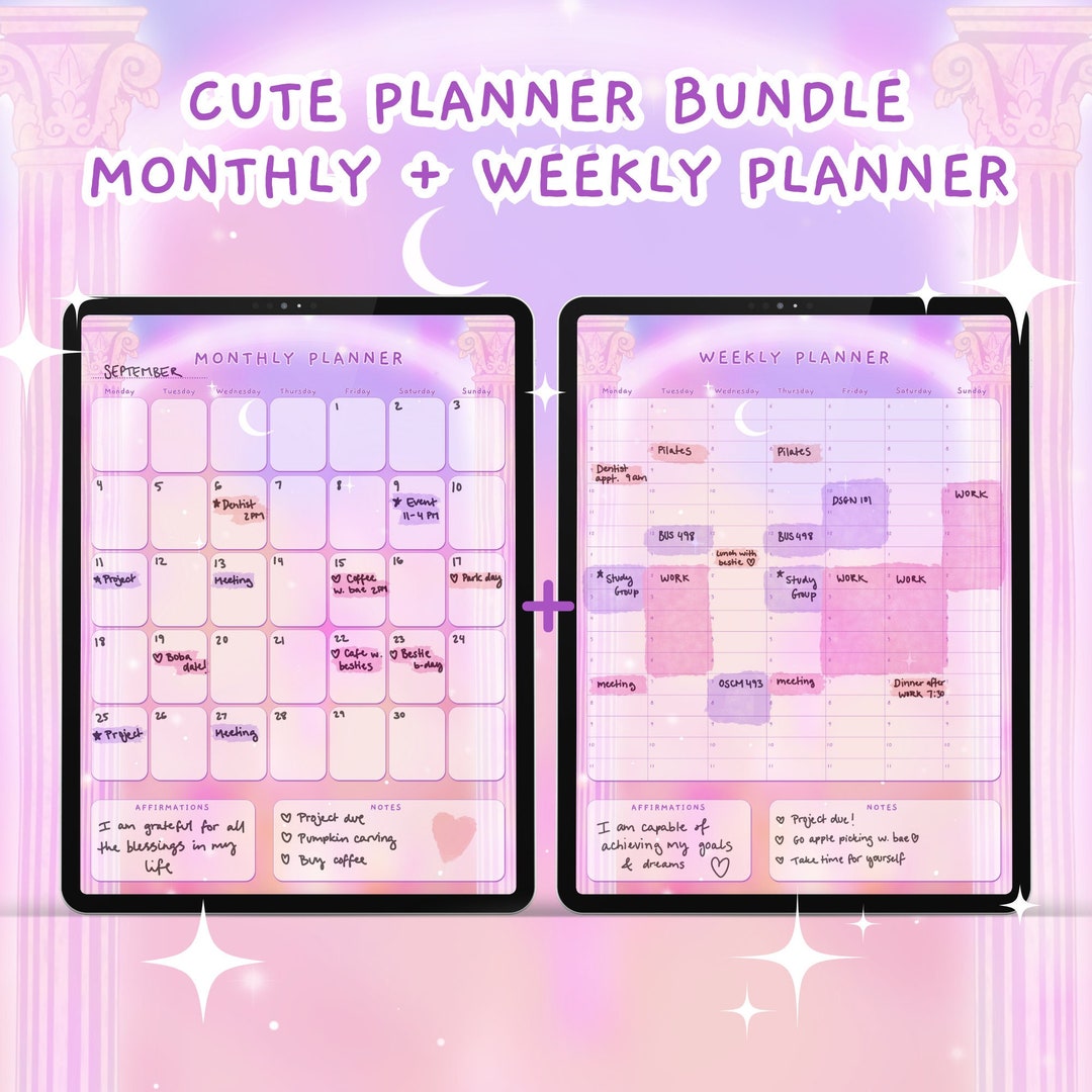 BUNDLE Cute Digital Monthly Planner + Cute Weekly Planner, Kawaii ...