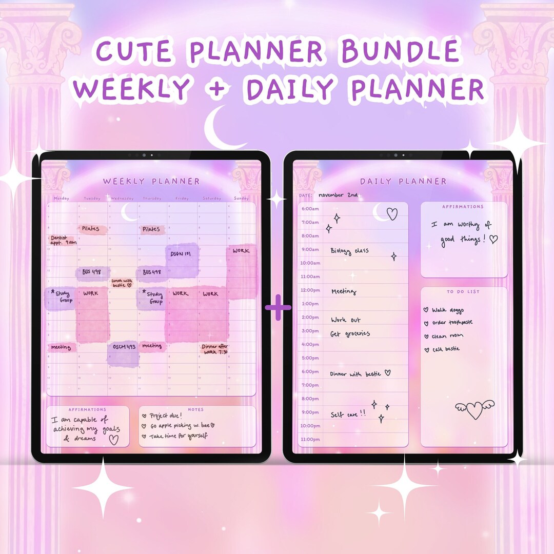 BUNDLE Cute Digital Weekly Planner + Cute Daily Planner, Kawaii Digital ...