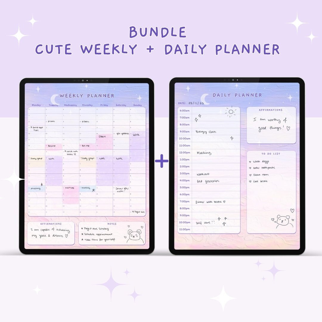 BUNDLE Cute Digital Weekly Planner Cute Daily Planner, Kawaii Digital ...