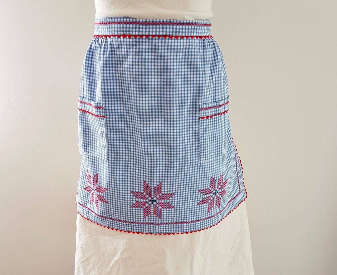 Vintage 60s Blue Gingham Red Embroidered Kitchen Apron Pinny With ...