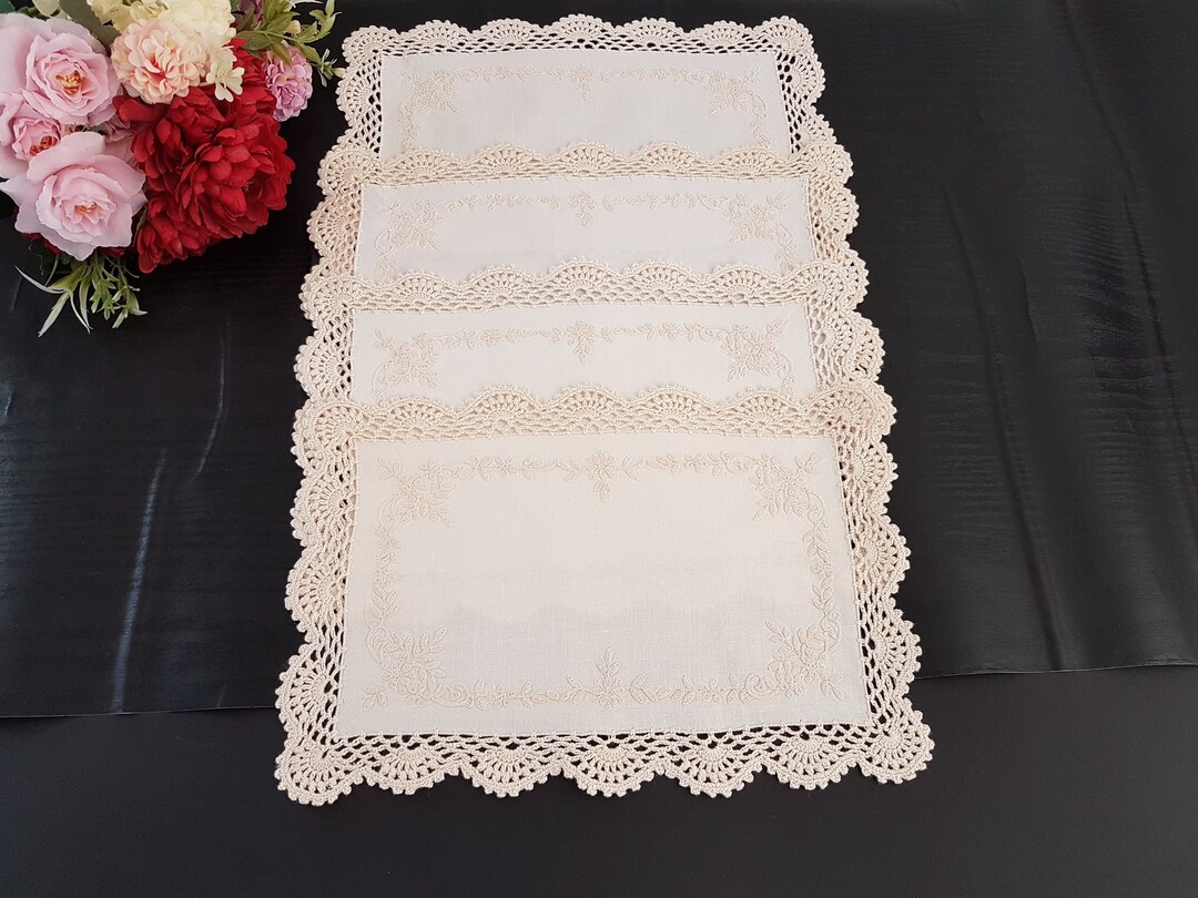 4 Vintage 80s Cream Embroidered Place Mats, Crochet Edge, Australian ...