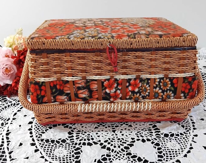 Vintage 50s Large Floral Fabric and Rattan Sewing Basket With Handle ...