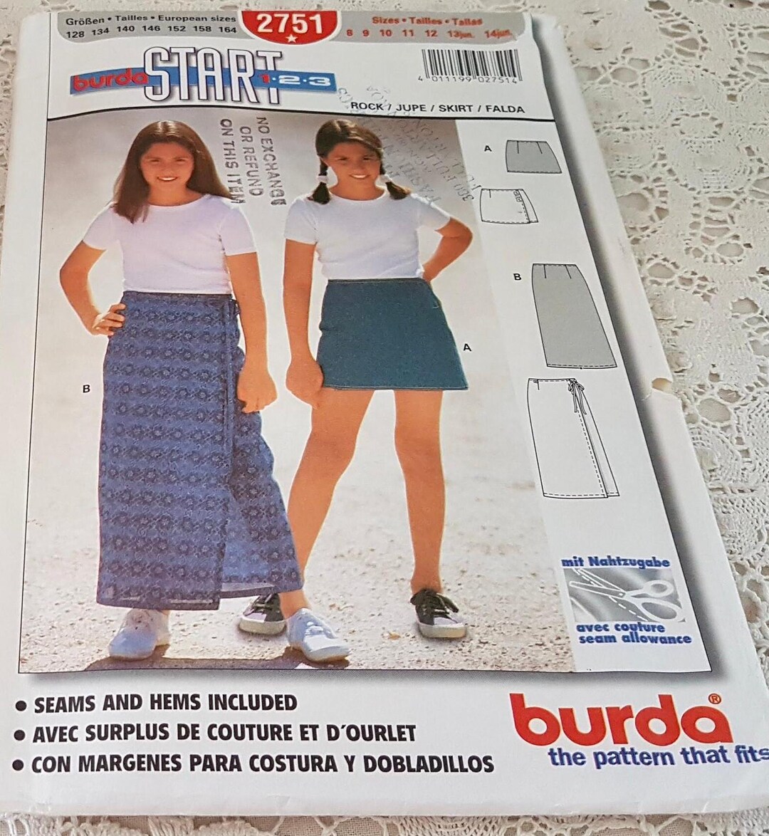 Vintage 90s Burda 2751 GIRLS Wrap Skirt Sewing Pattern, Cut, Multi-size ...