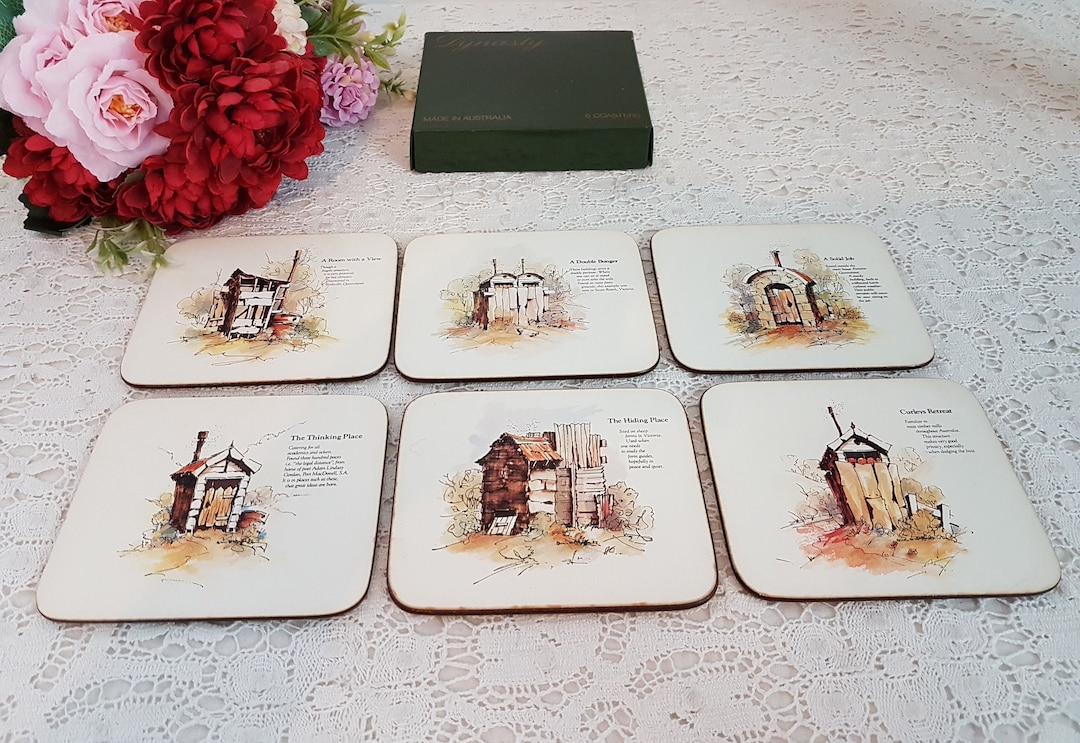Vintage 70s 6 X Australian Dunnies Square Drink Coaster Set by Dynasty ...