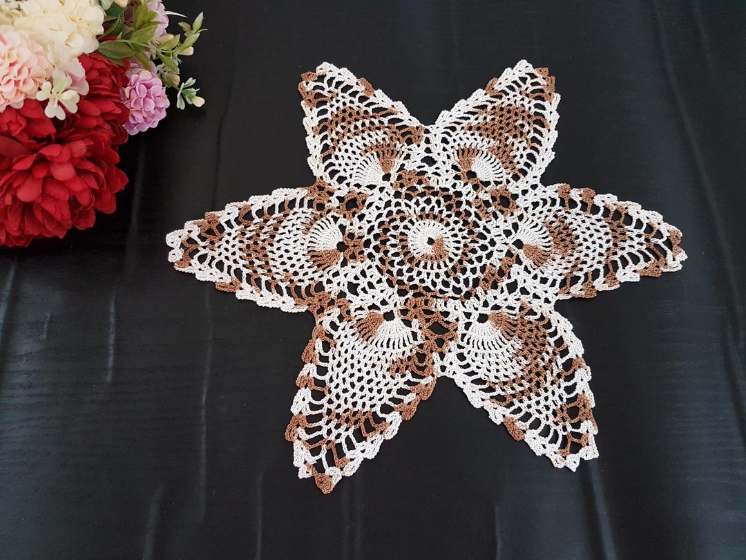 Vintage 60s 70s Brown White Star Shape Crochet Doilie, Australian ...