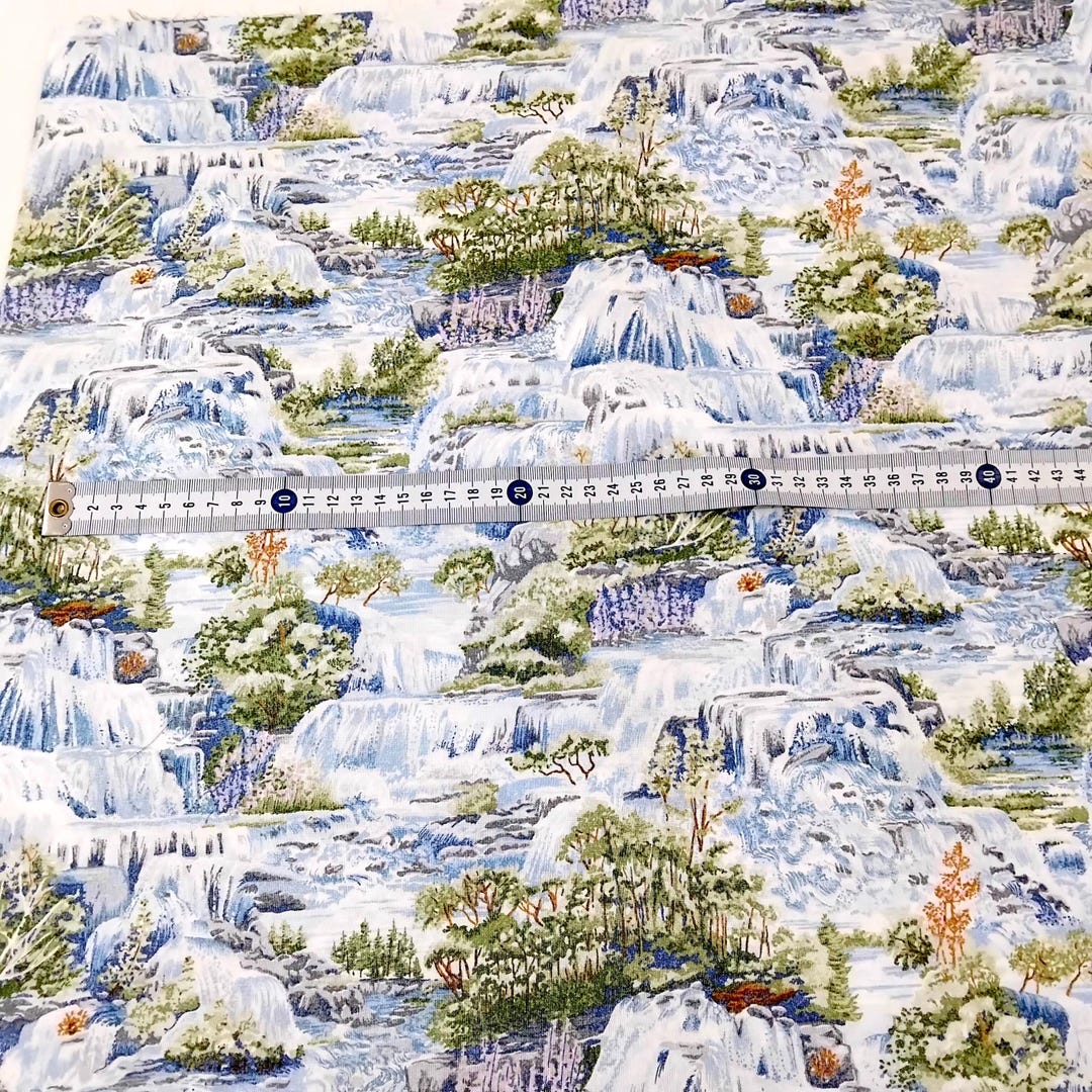 Blue Green Waterfall Mountain Scene Cotton Quilting Fabric 114cm X 50cm ...