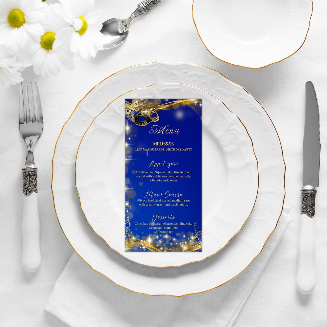 Printable Menu Card, Royal Blue Gold Masquerade Theme Editable Menu ...
