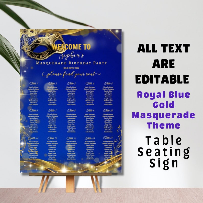 Royal Blue Gold Masquerade Theme Table Seating Sign, Editable Printable ...