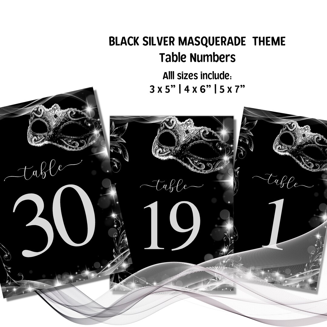 Black Silver Masquerade Theme Table Numbers Printable Digital Download ...