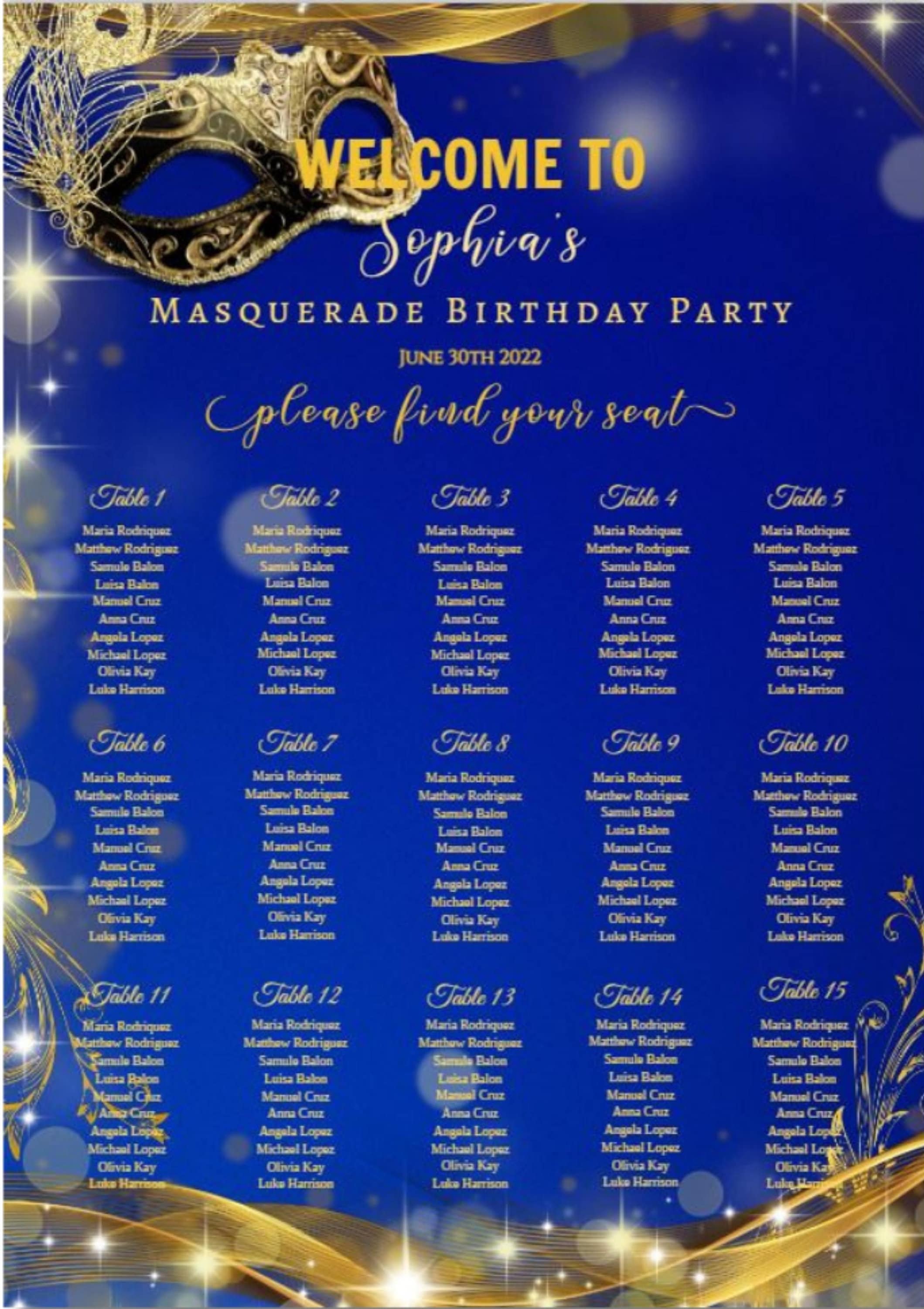 Royal Blue Gold Masquerade Theme Table Seating Sign, Editable Printable ...