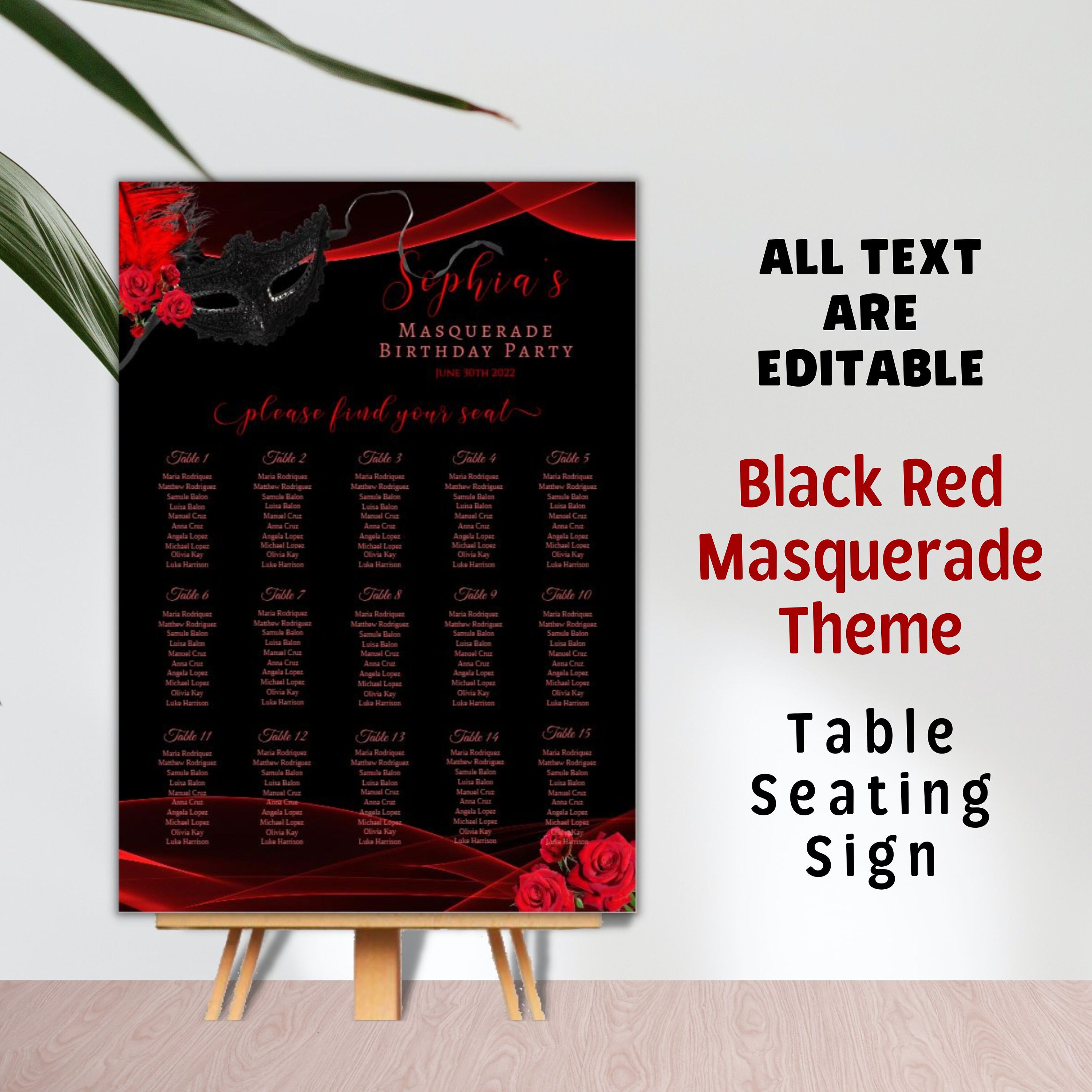 Black Red Masquerade Theme Table Seating Sign, Editable Printable Table ...
