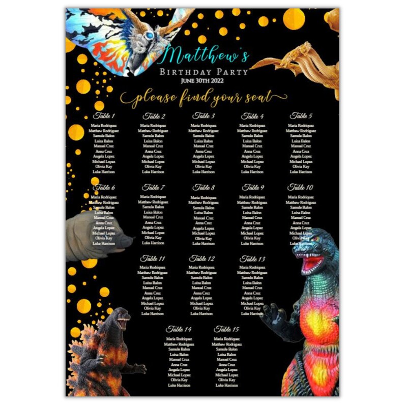 Godzilla Theme Birthday Party Table Seating Sign, Editable Printable ...