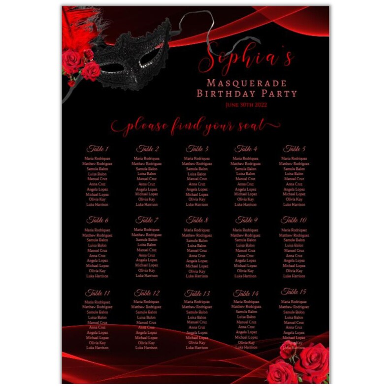 Black Red Masquerade Theme Table Seating Sign, Editable Printable Table ...