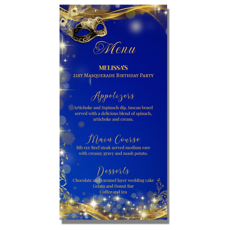 Printable Menu Card, Royal Blue Gold Masquerade Theme Editable Menu ...