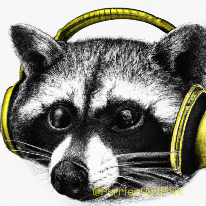 Printable Racoon Portrait With Colored Headphones, Animal Digital Art ...