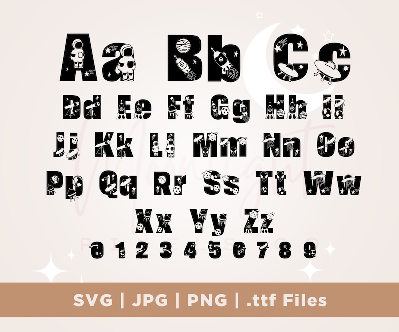 Space Alphabet SVG, Font SVG, Numbers, Letters, Spaceship, Astronaut ...