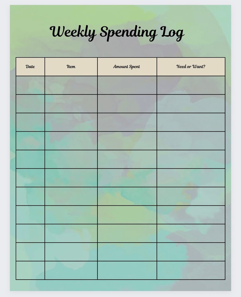 Monthly Budget Chart/weekly Spending Log. Printable Budget Planner ...