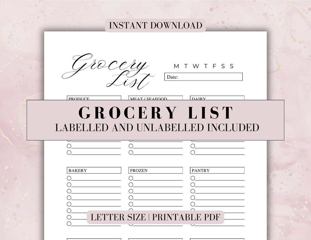 Grocery List Printable Template Food Shopping Checklist Meal Prep PDF ...