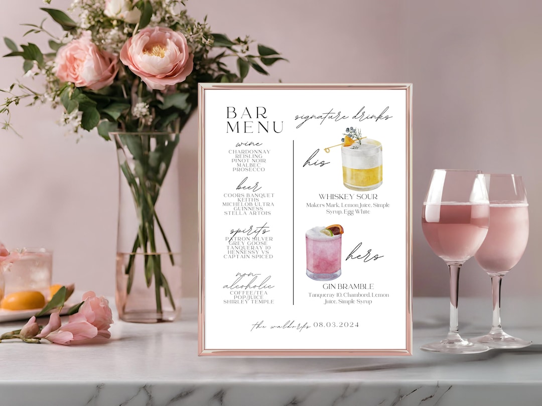 Menú de bar de bodas / Letrero de bebida exclusivo / Bebidas para él y ...