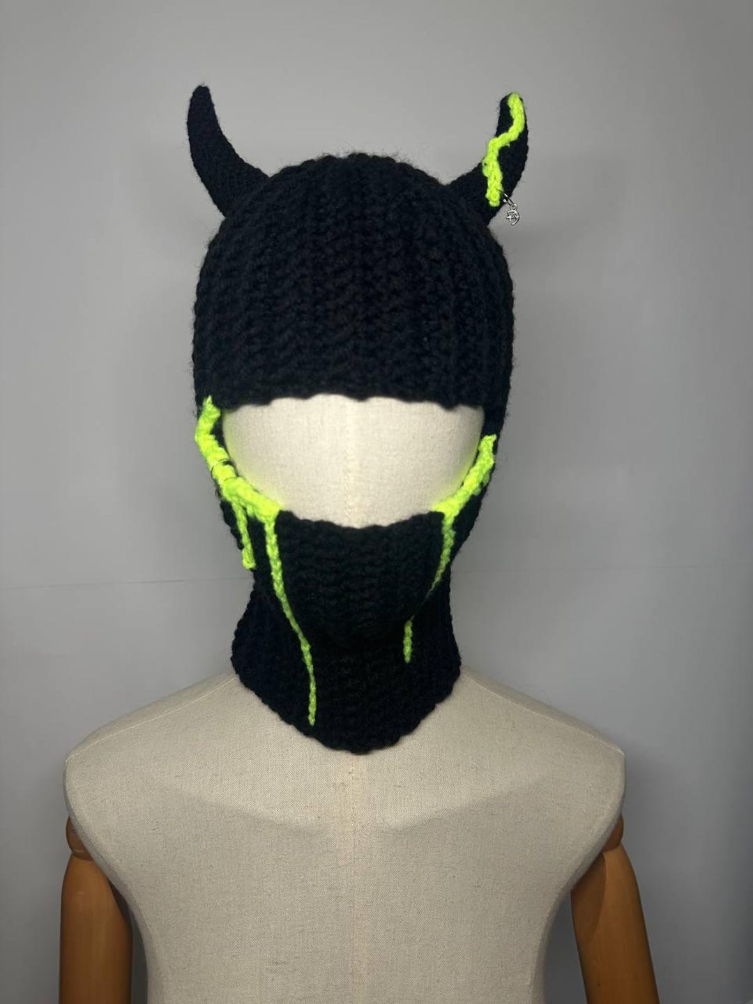 Handmade Devil Horn Balaclava With Neon Accents. Rave-ready Knit Mask ...