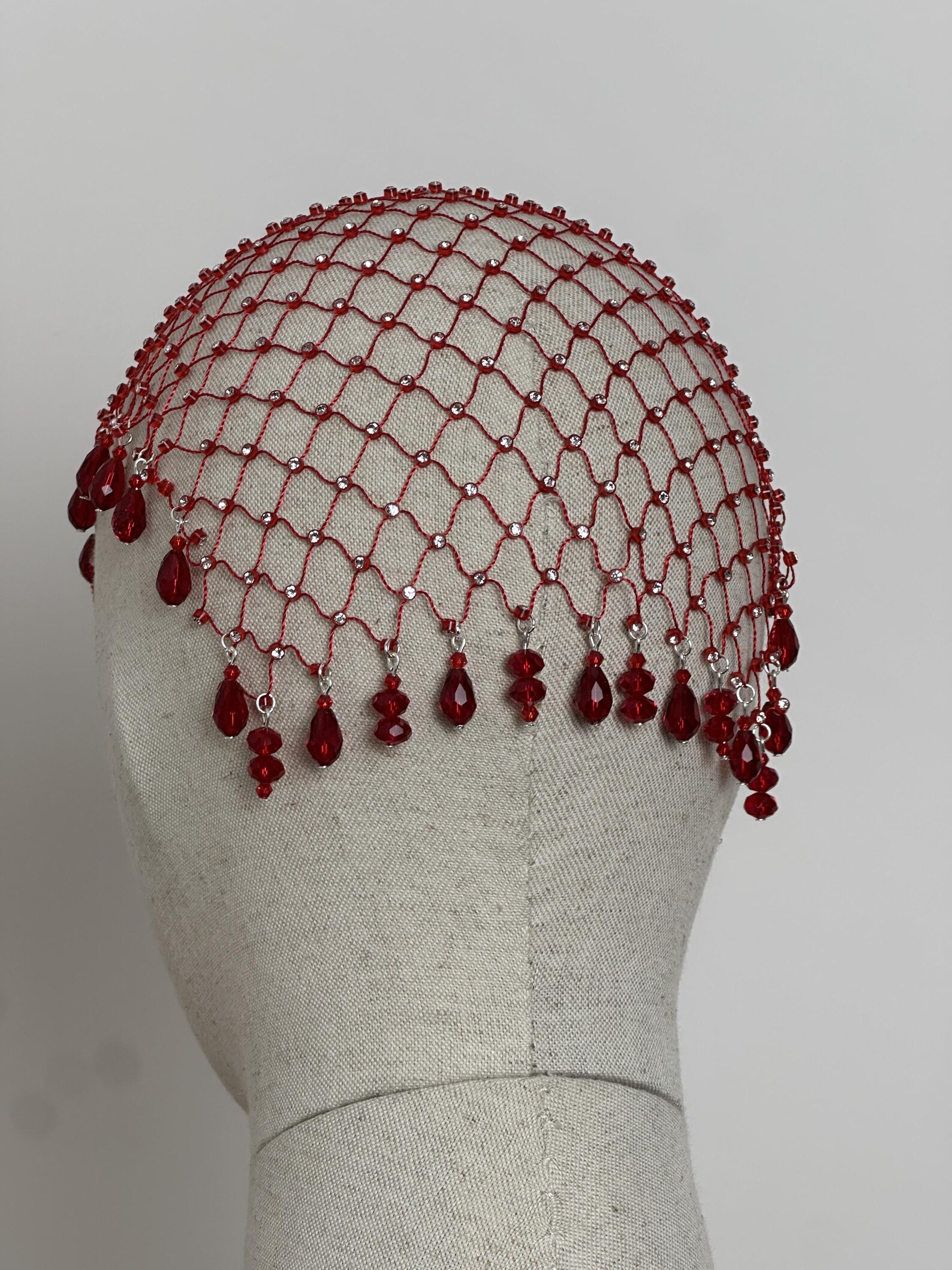 Red Beaded Hair Net With Dangling Crystals – Elegant Festive Head ...