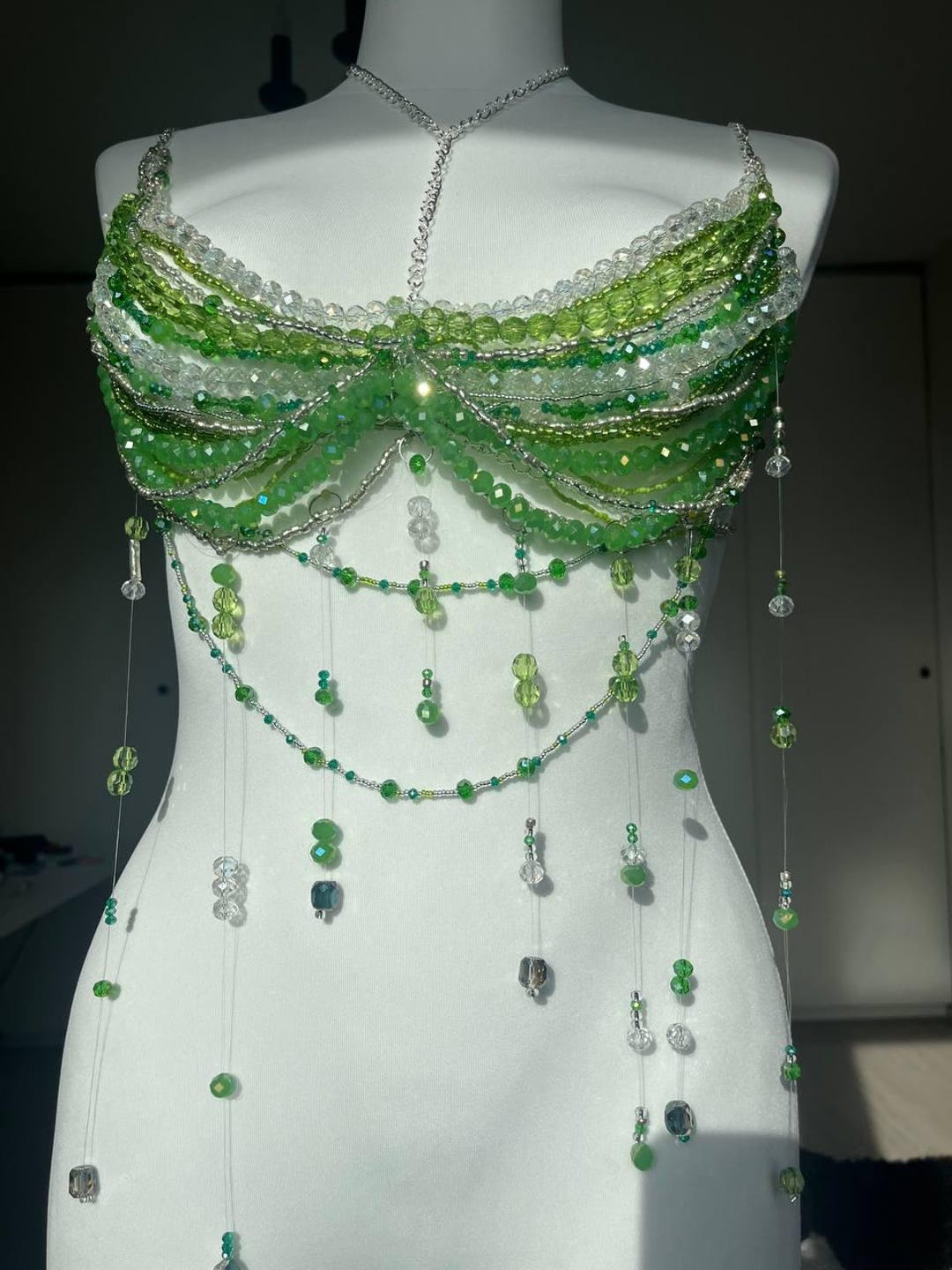 Elegant Green Crystal Body Chain - Handmade Beaded Chest Jewelry for ...