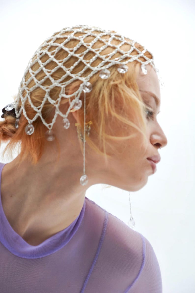 Delicate Metal Crochet Hair Net With Drops Bridal Cap, Gatsby Crystal ...