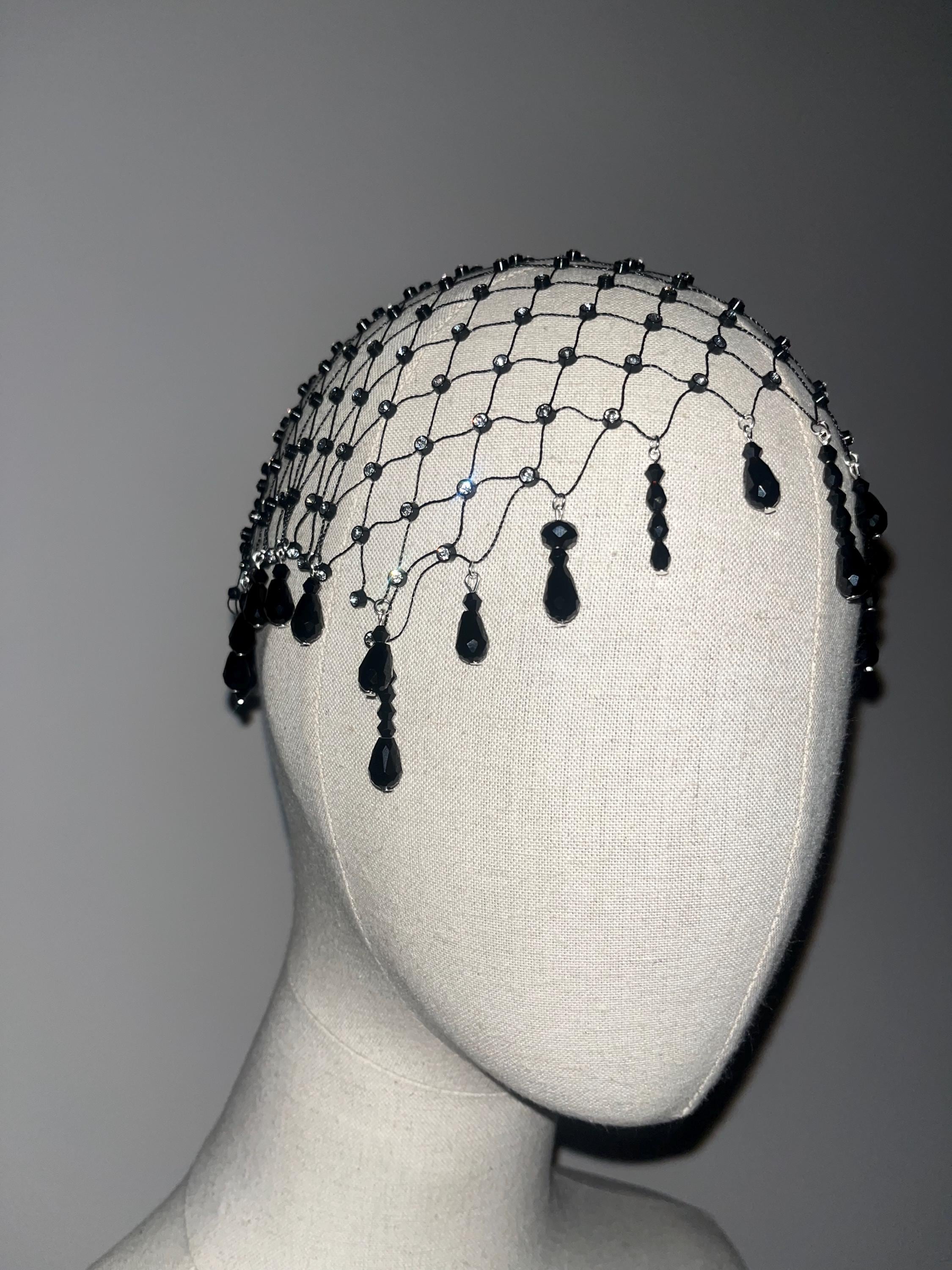 Black Beaded Mesh Headpiece Bridal Pearl Net Headpiece – Handmade ...