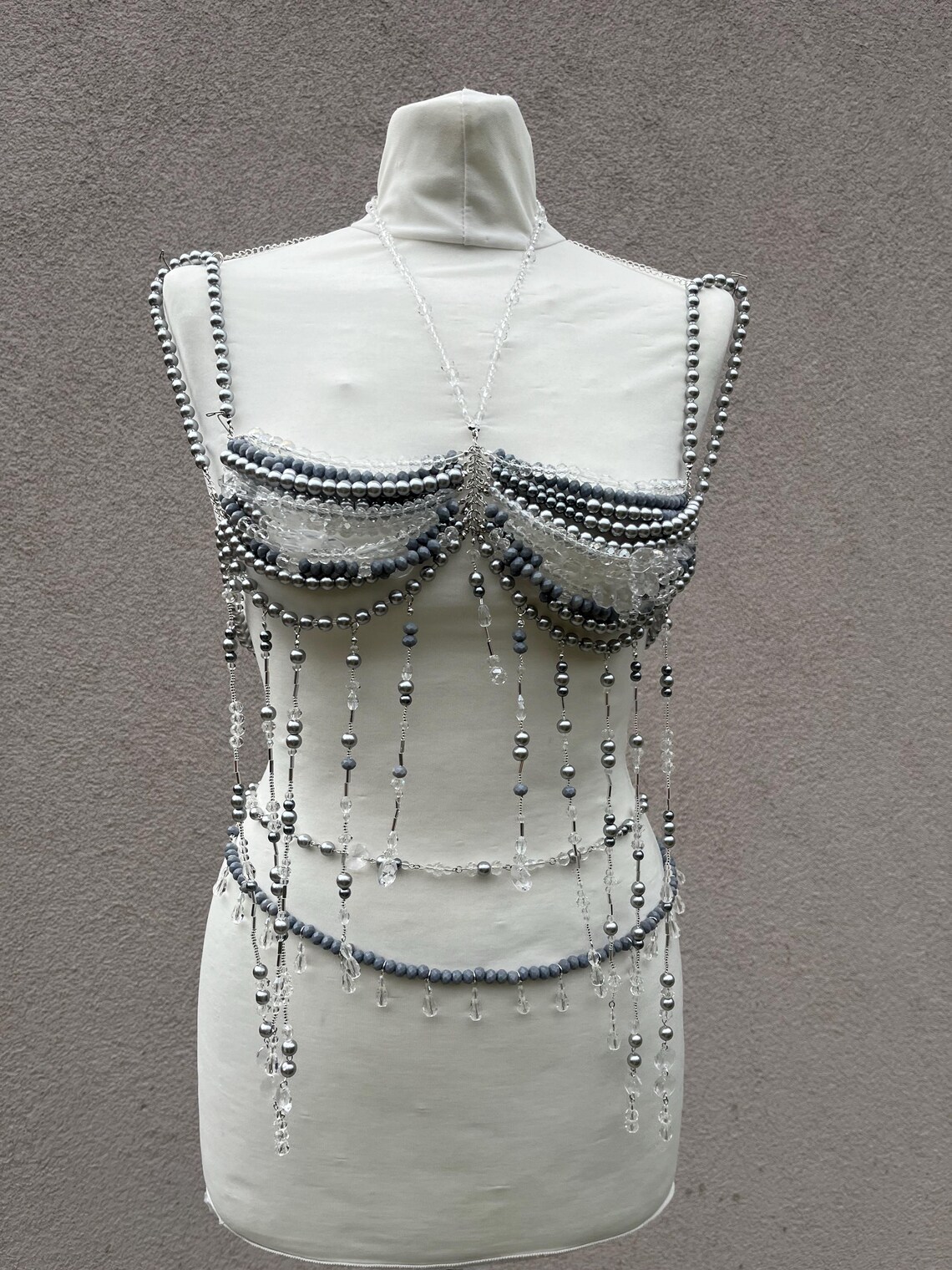 Crystal Fringe Body Chain - Beaded Chest Accessory Silver Chest Jewelry ...