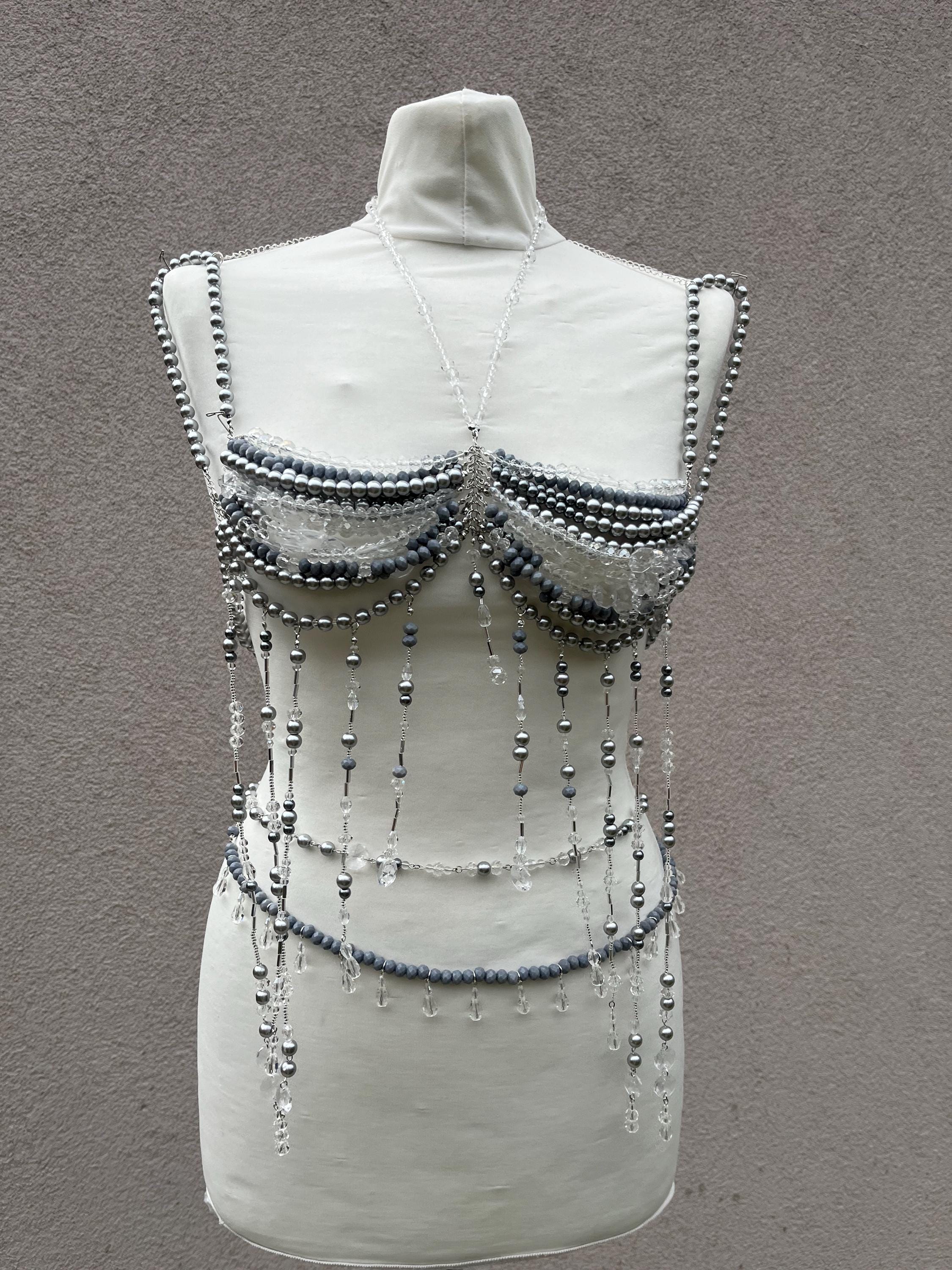 Crystal Fringe Body Chain - Beaded Chest Accessory Silver Chest Jewelry ...