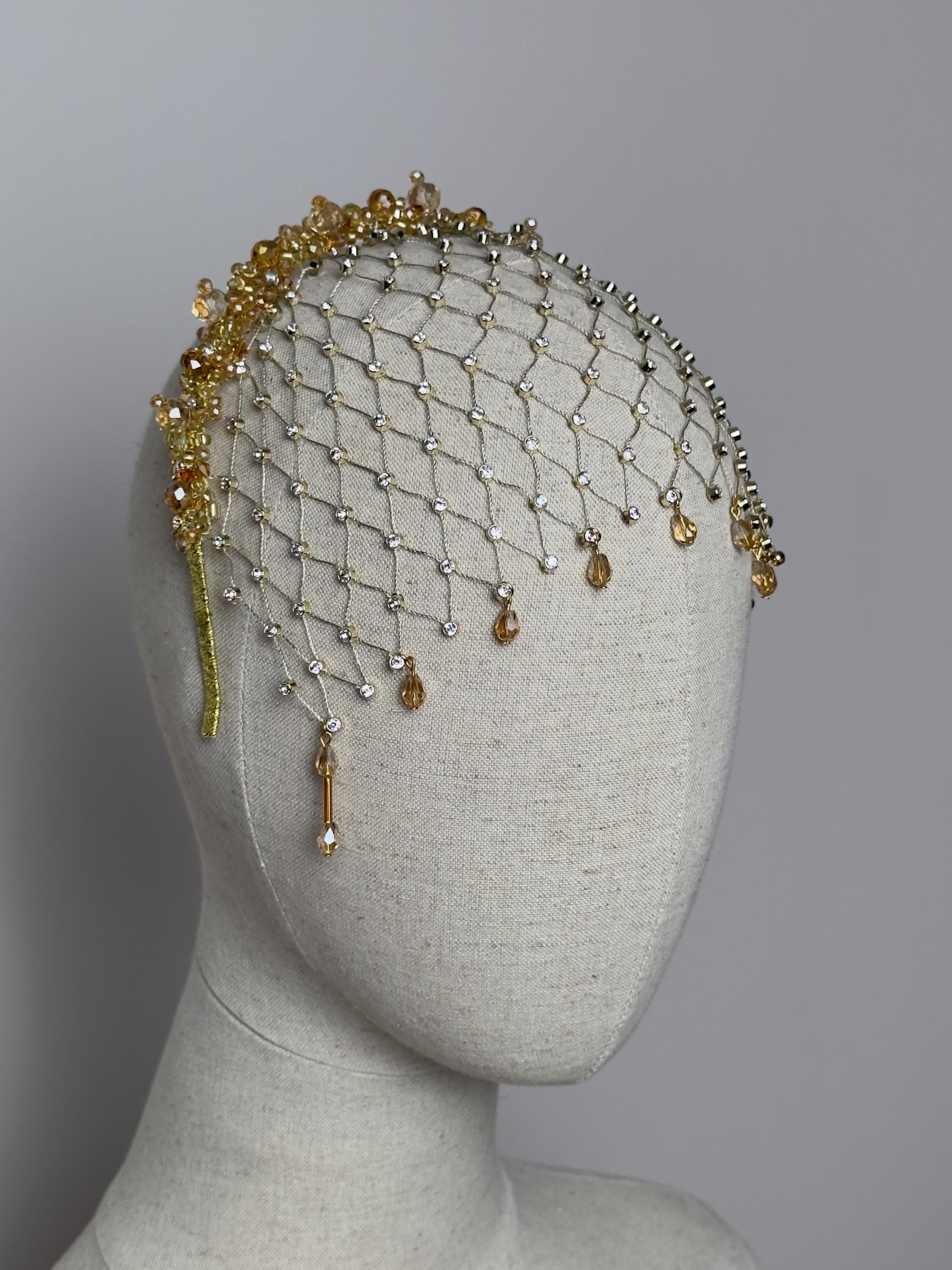 Golden Crystal Veil Headpiece With Rhinestones – Elegant Statement Hair ...