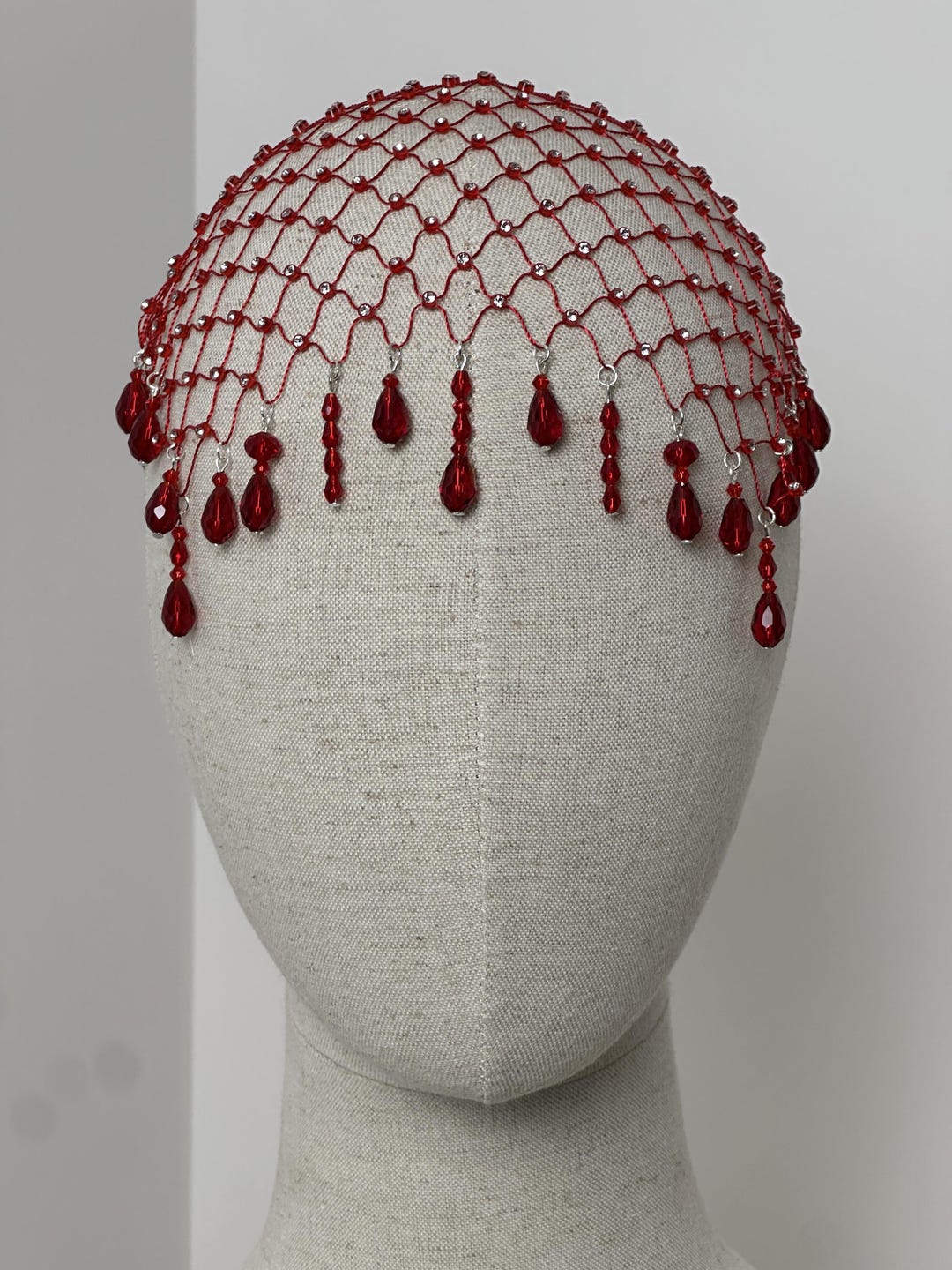 Red Beaded Hair Net With Dangling Crystals – Elegant Festive Head ...