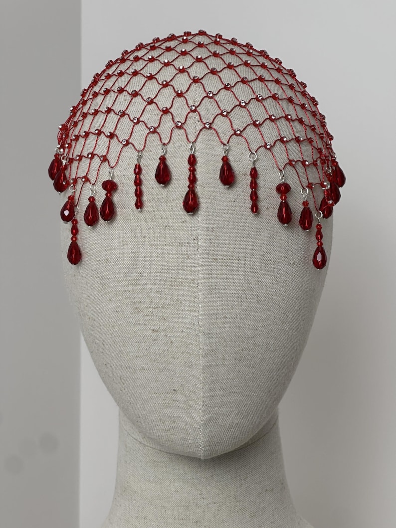 Red Beaded Hair Net With Dangling Crystals – Elegant Festive Head ...