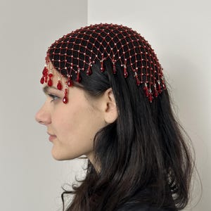 Red Beaded Hair Net With Dangling Crystals – Elegant Festive Head ...
