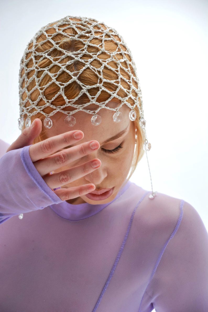 Delicate Metal Crochet Hair Net With Drops Bridal Cap, Gatsby Crystal ...