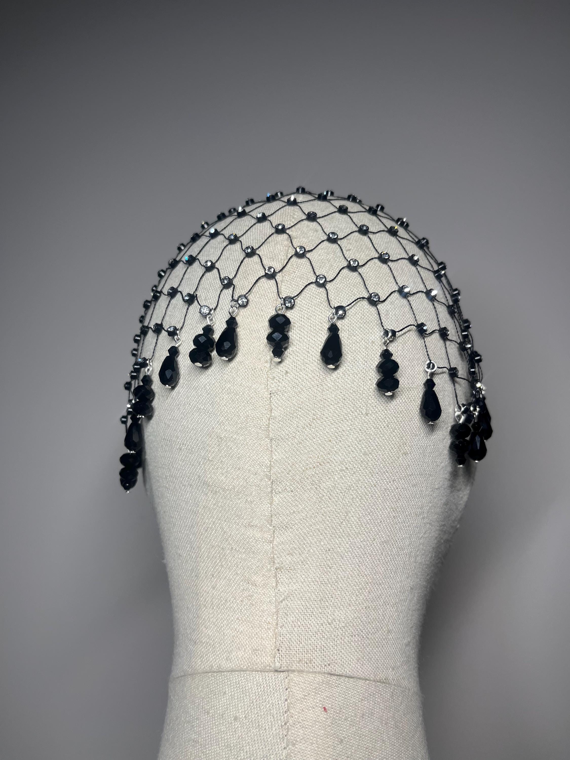 Black Beaded Mesh Headpiece Bridal Pearl Net Headpiece – Handmade ...