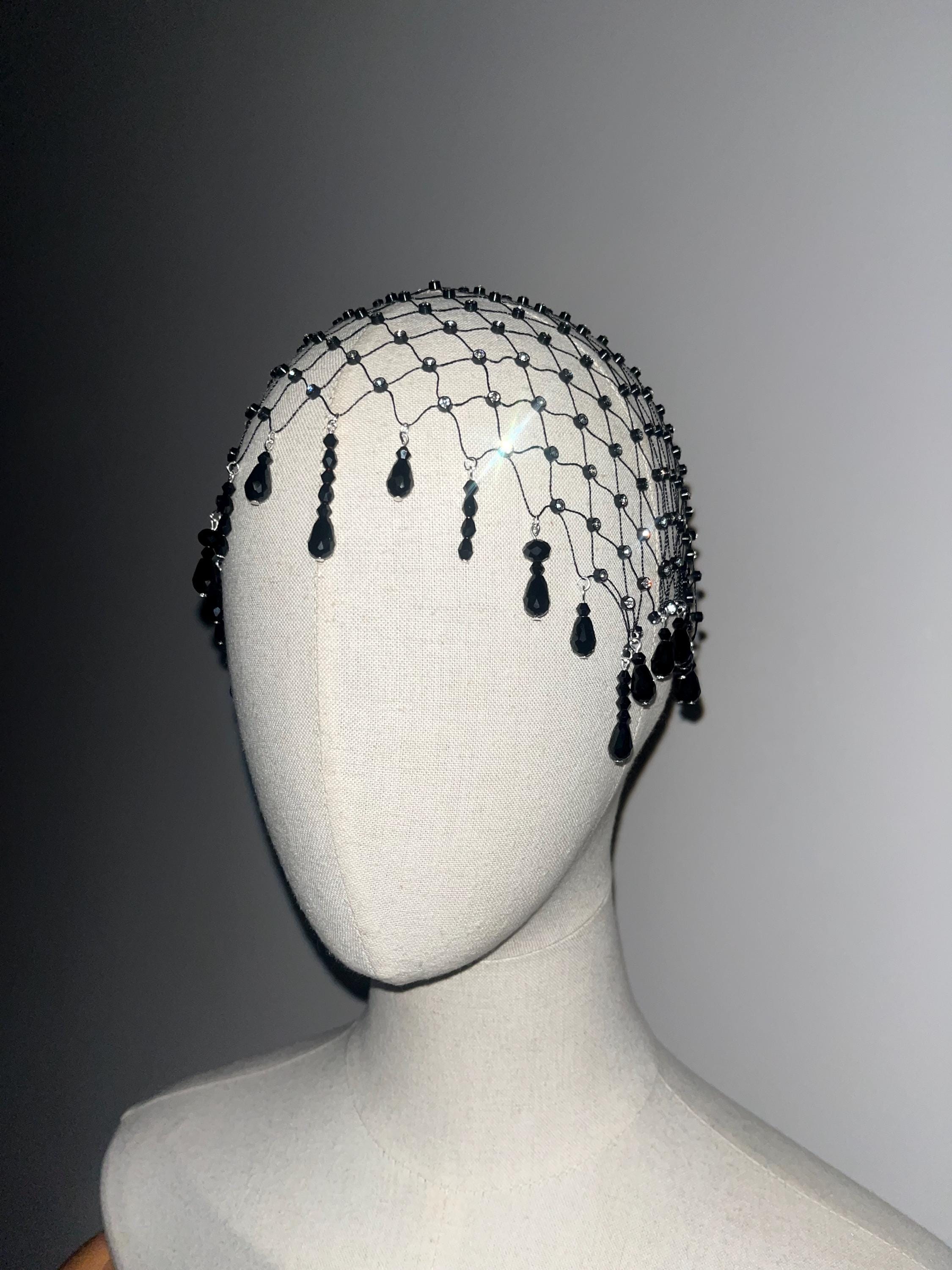 Black Beaded Mesh Headpiece Bridal Pearl Net Headpiece – Handmade ...