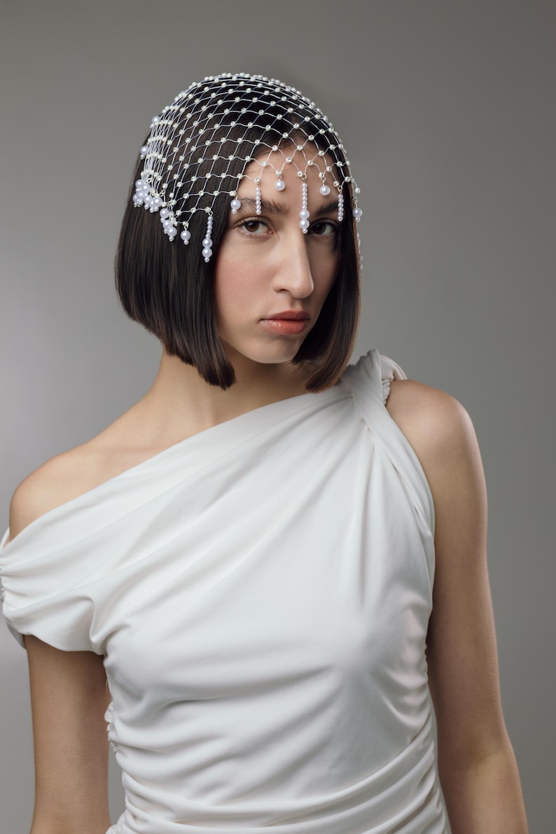 Black Beaded Mesh Headpiece Bridal Pearl Net Headpiece – Handmade ...