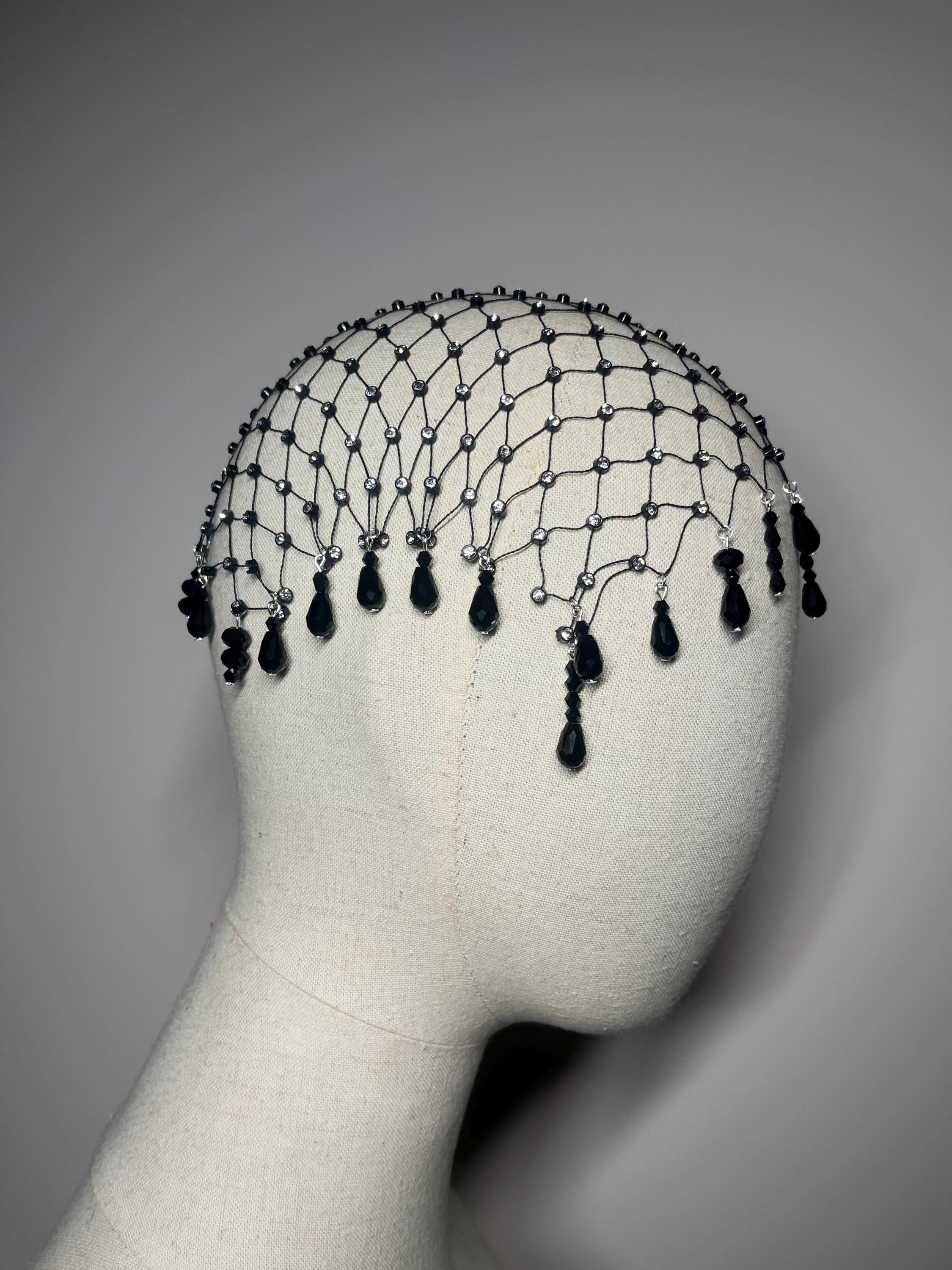 Black Beaded Mesh Headpiece Bridal Pearl Net Headpiece – Handmade ...