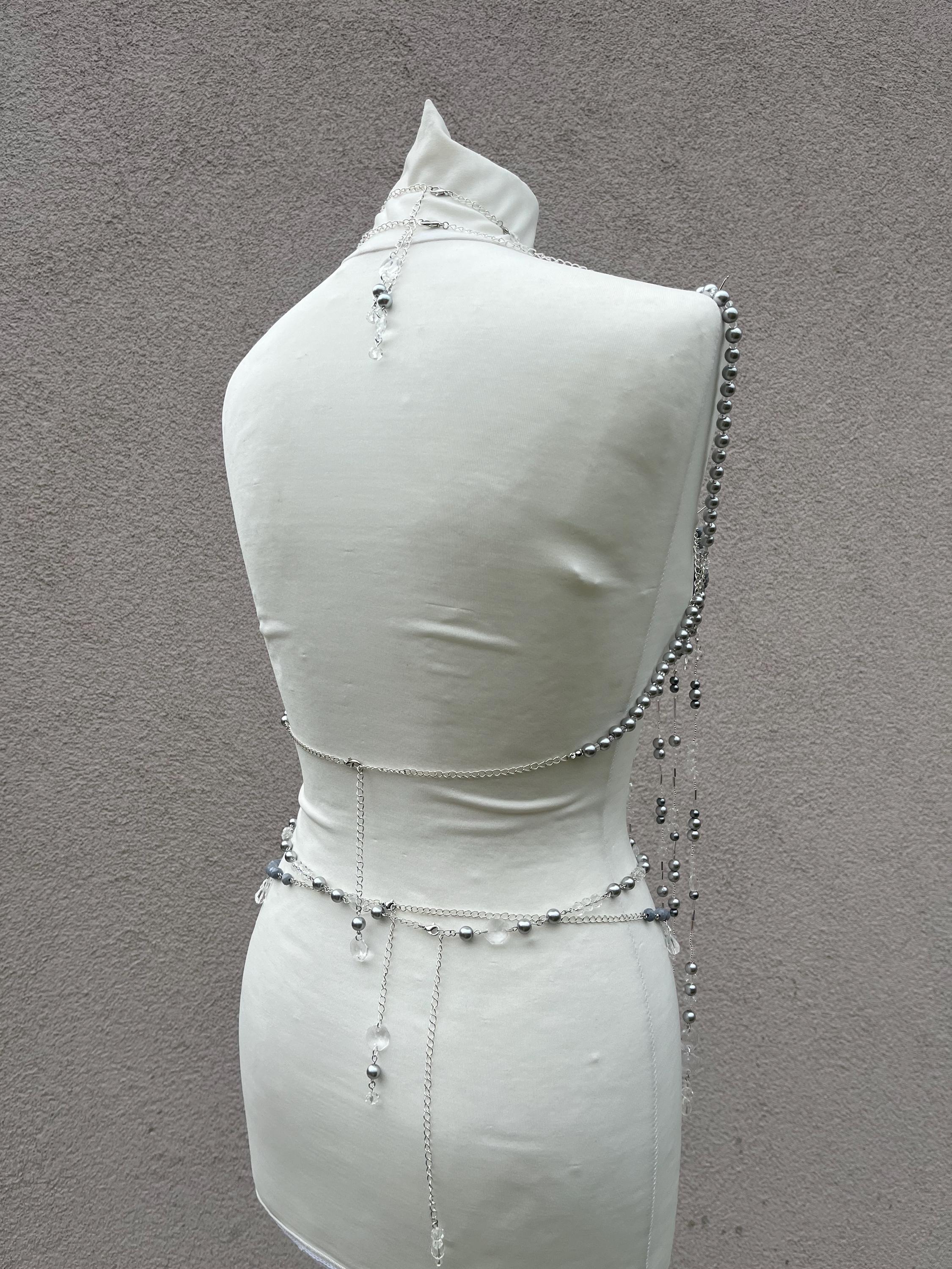 Crystal Fringe Body Chain - Beaded Chest Accessory Silver Chest Jewelry ...