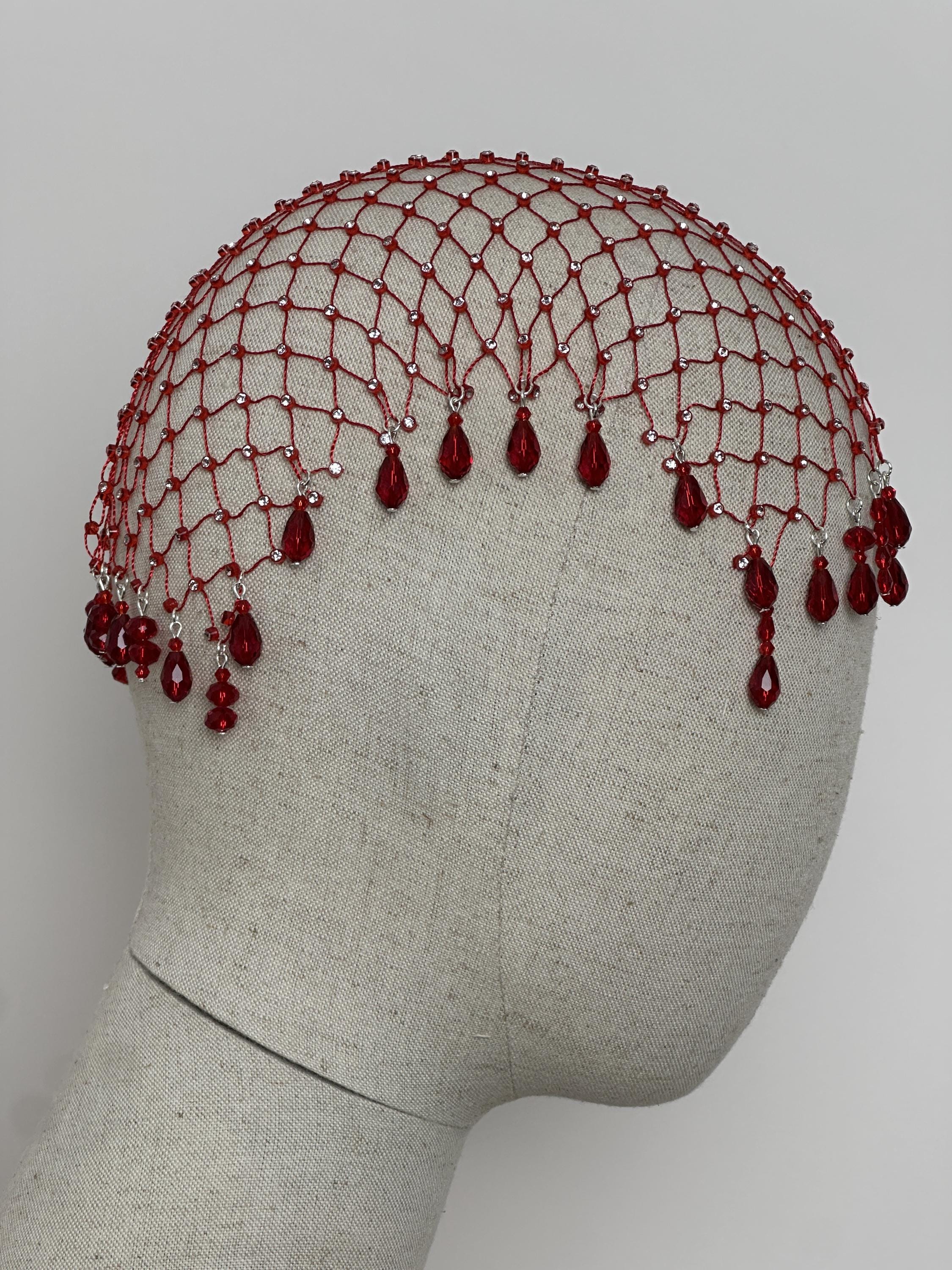 Red Beaded Hair Net With Dangling Crystals – Elegant Festive Head ...