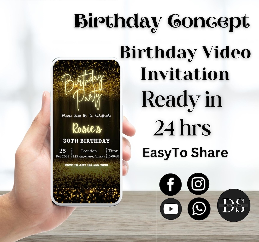 Personalised Birthday Party Digital Invite,text Invitation Black & Gold ...
