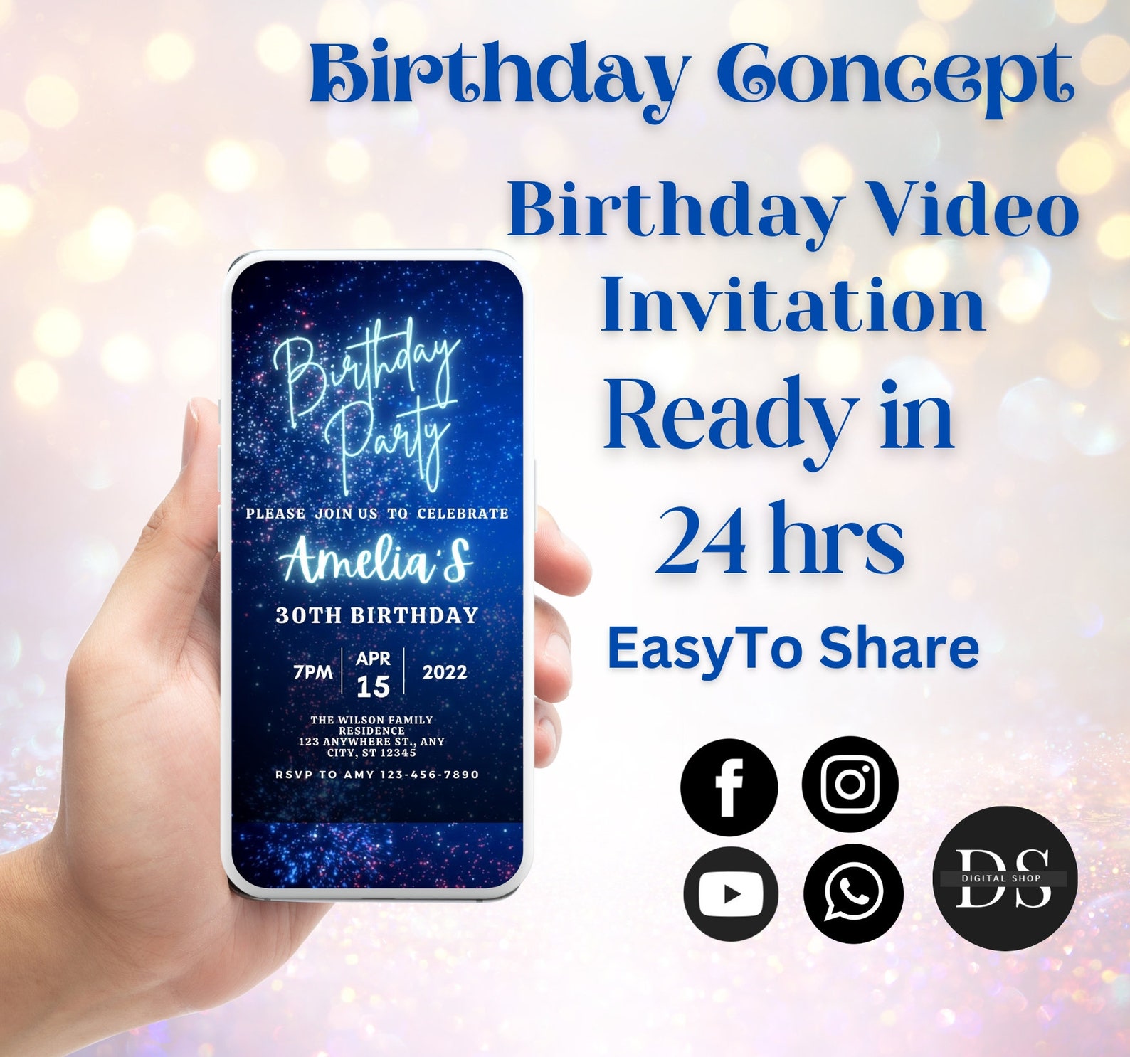 Editable Birthday Party Digital Invitation,text Invitation Blue Glitter ...