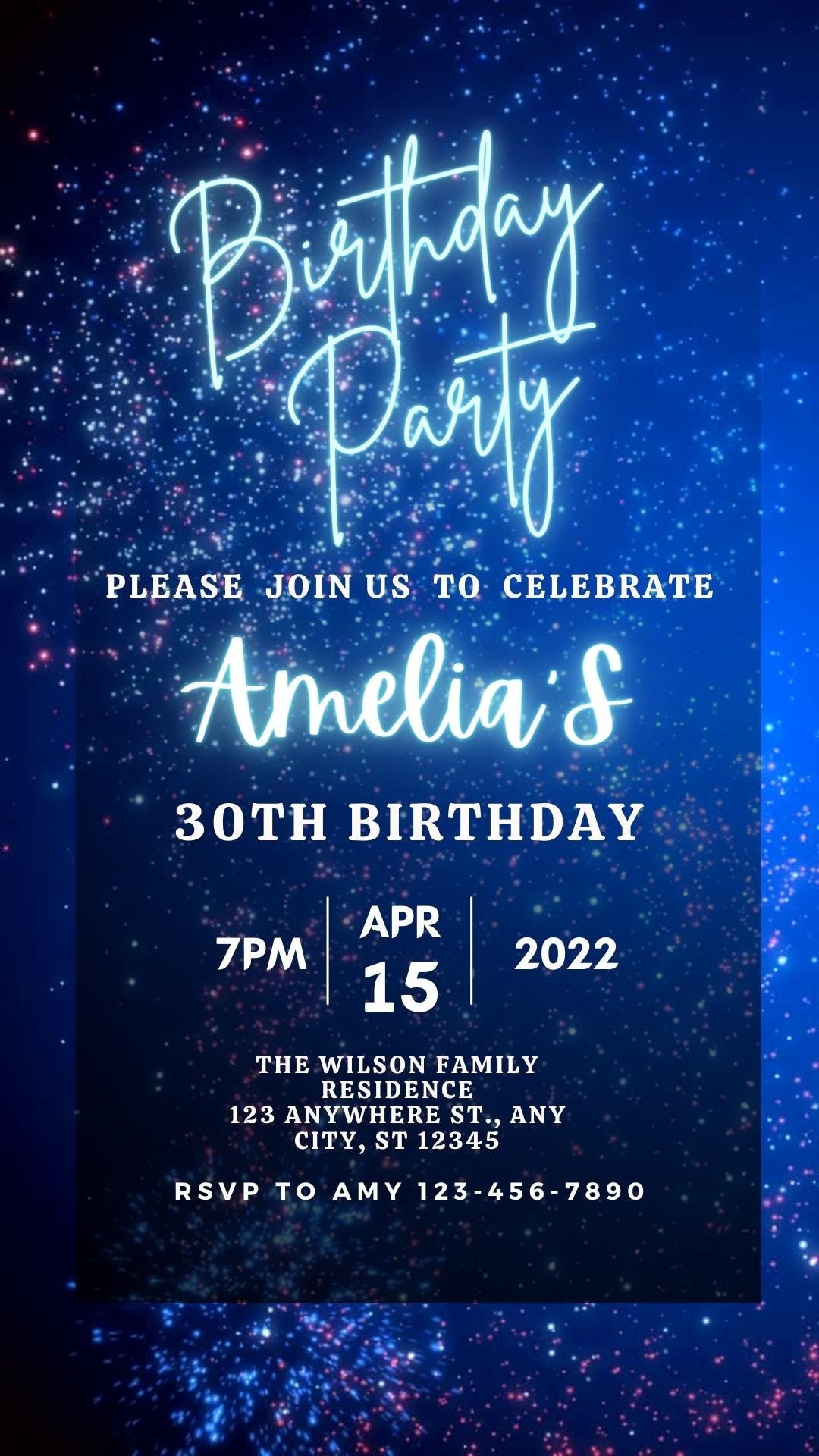 Editable Birthday Party Digital Invitation,text Invitation Blue Glitter ...