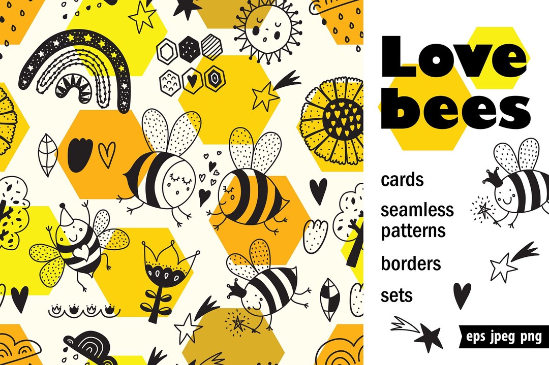 Bees Clipart & Digital Paper Set - Clip Art Set of Bees, Honeycomb ...