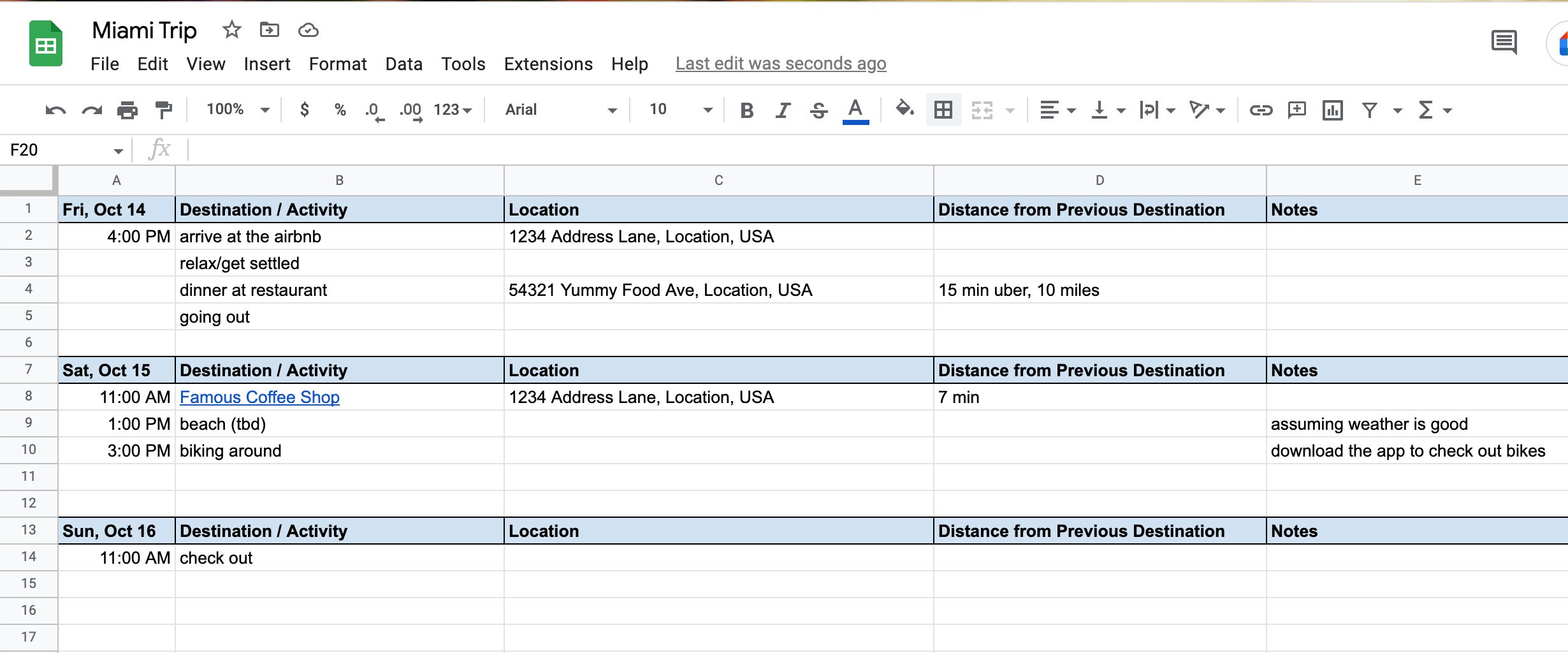 Excel Spreadsheet Trip Itinerary Planner - Etsy
