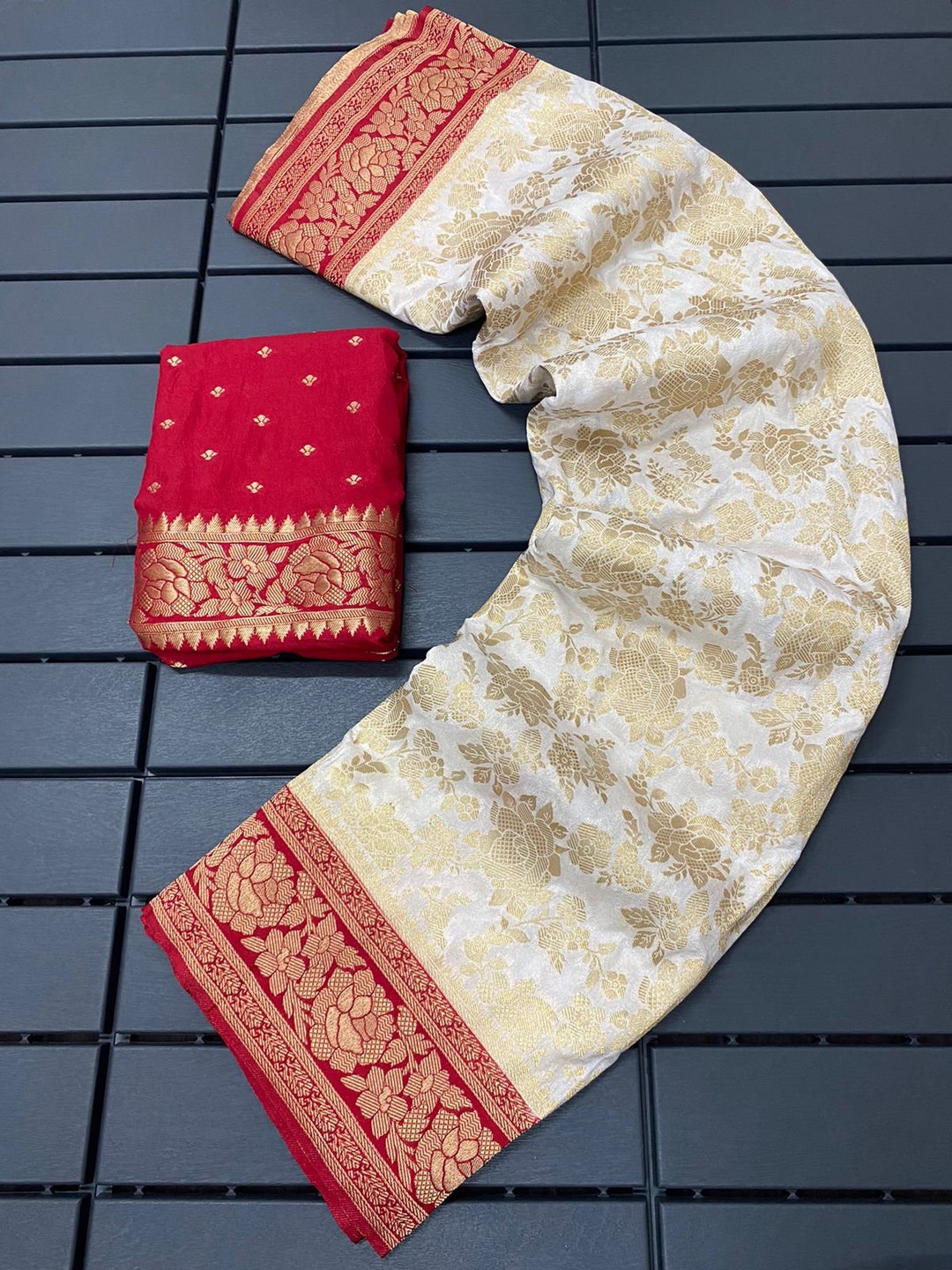 White and Red Garad Saree for Pooja ,pure Khadi Silk With Beautiful ...