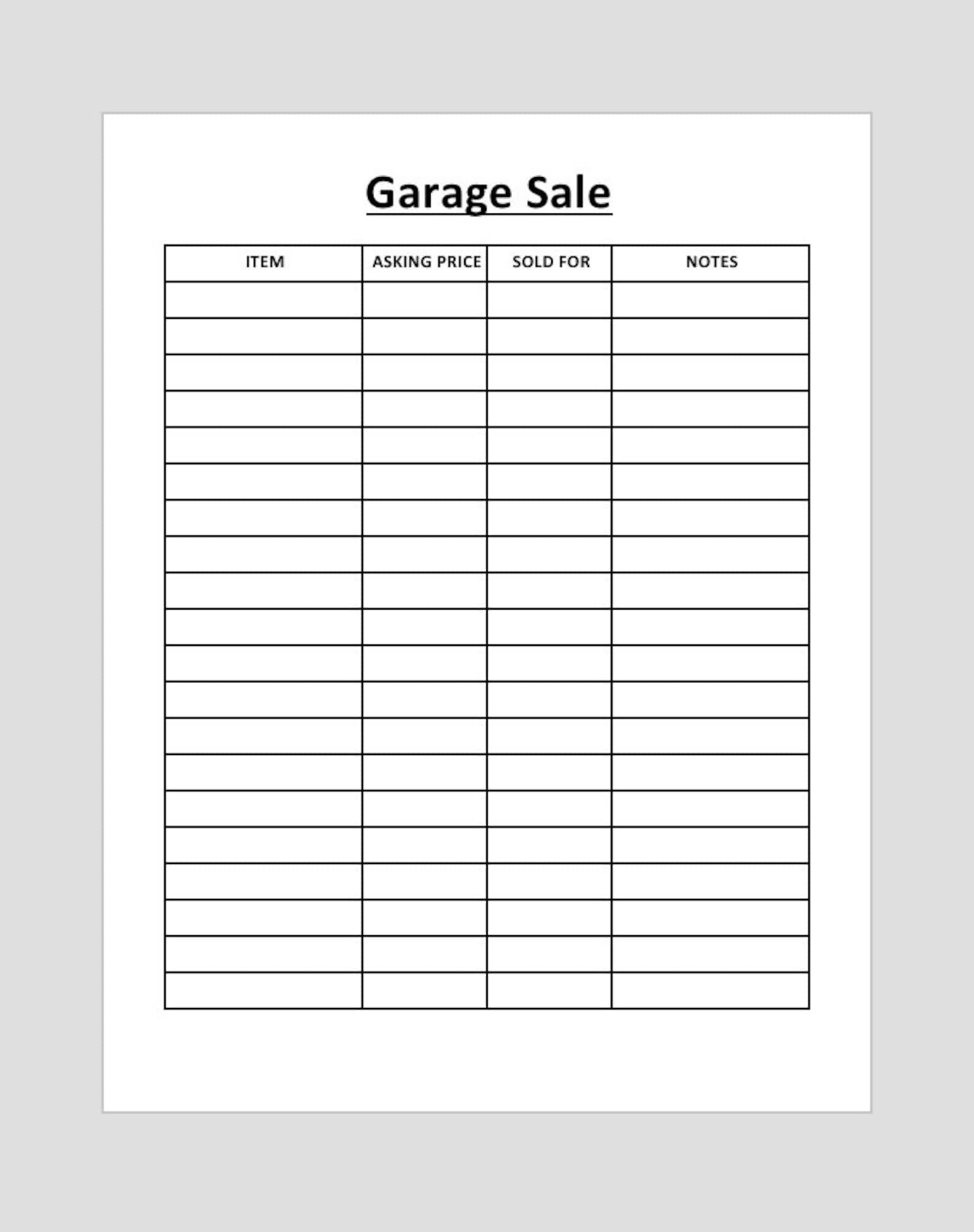 Garage Sale Sheet | Money Tracker | Side Hustle Template | Printable ...