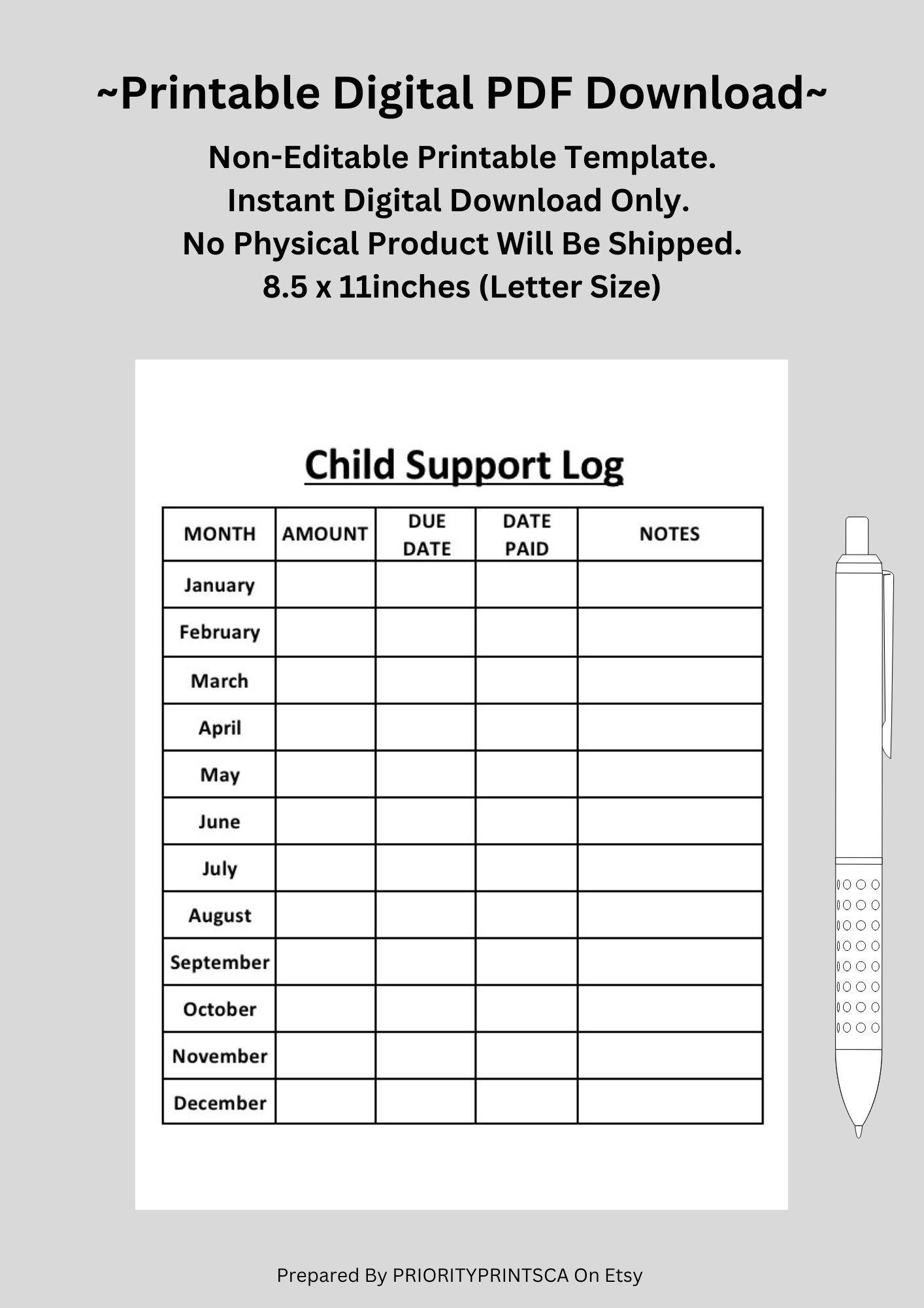 Child Support Payment Log, US Letter Size (digital Download) - Etsy
