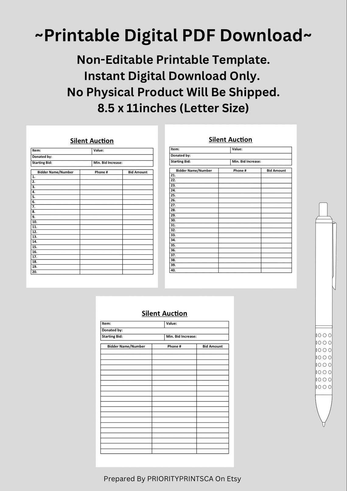 Silent Auction Bidding Sheet | Printable | US Letter Size | Digital ...